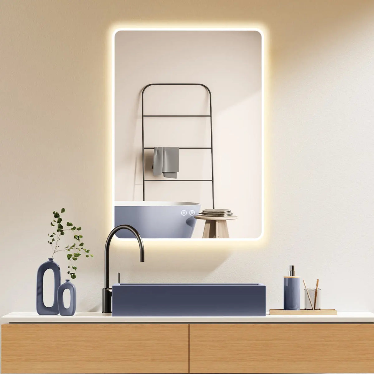 ANTI-FOG LED wall mirror with white metal frame, light change